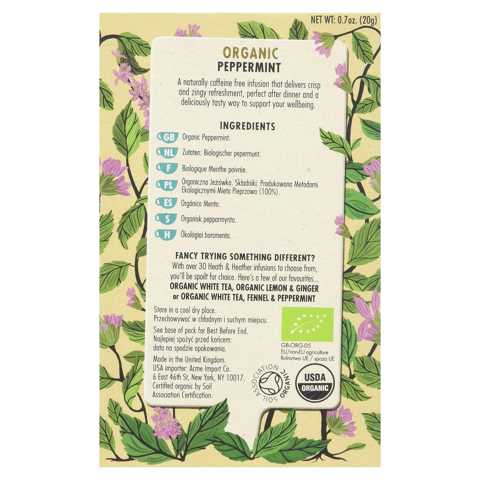 Heath & Heather Organic Peppermint Tea 20g/20 bags (Caffeine Free, Glu ...