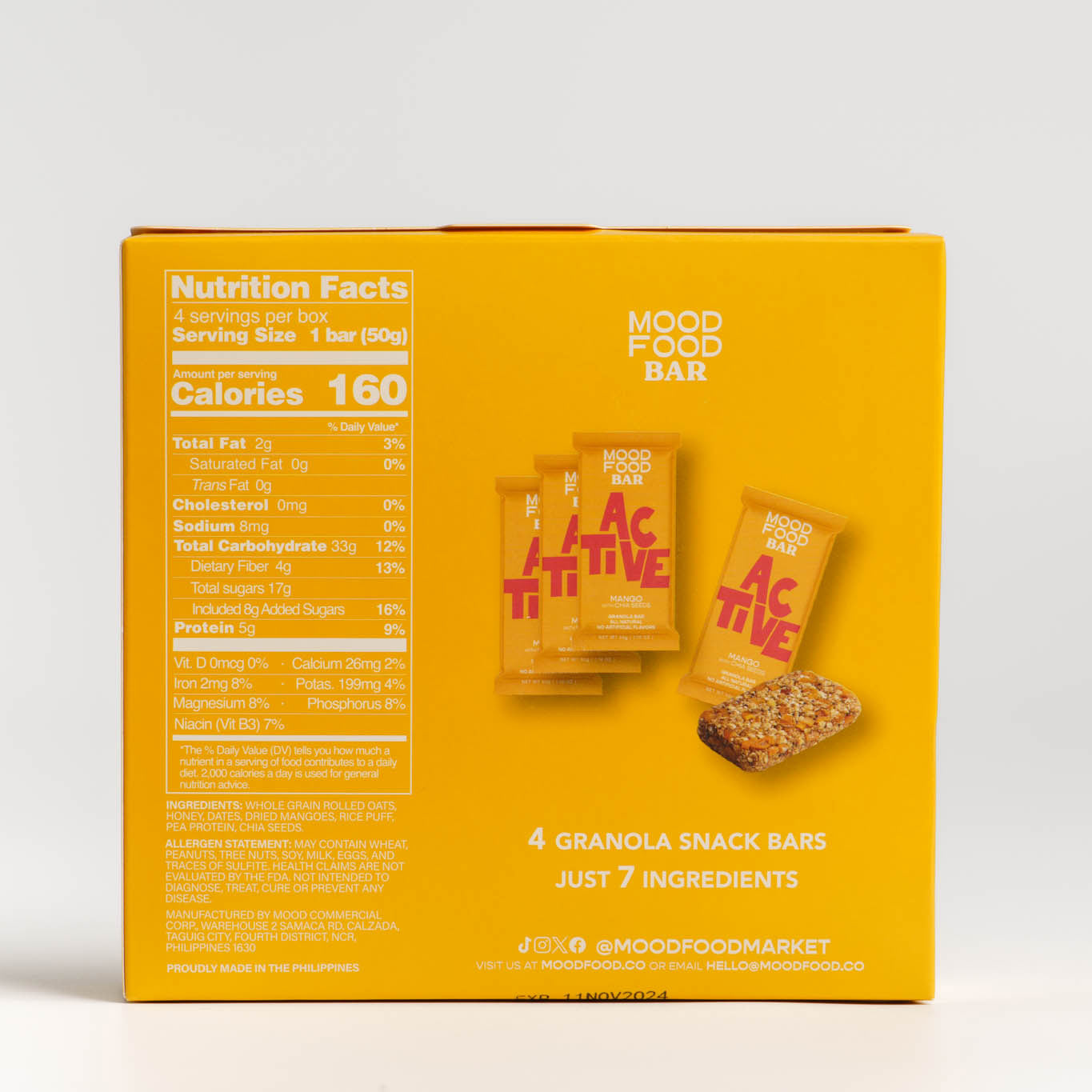 Mood Food Bar Active - Mango with Chia Seeds [4 x 50g] (All Natural, N ...