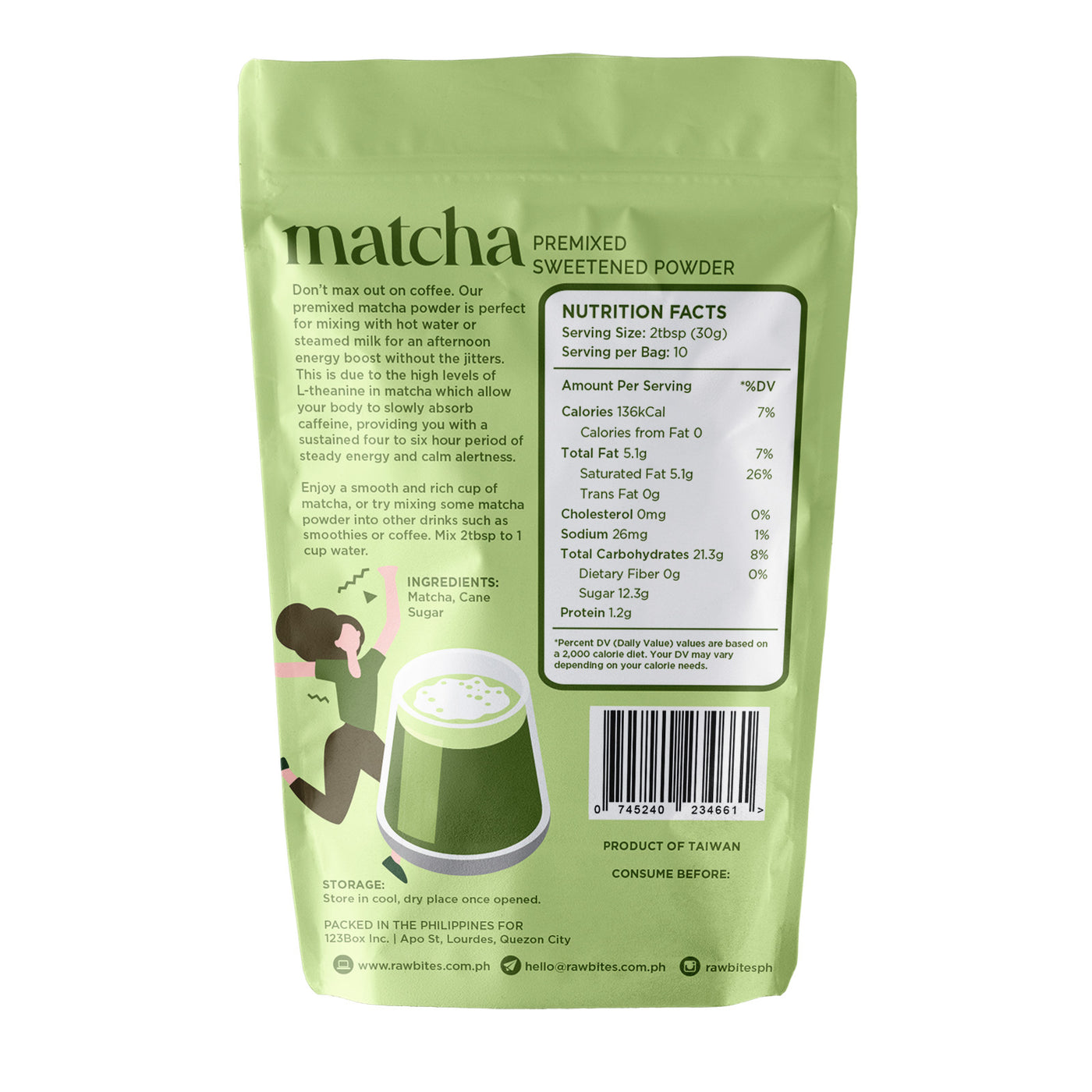 Raw Bites Premixed Sweetened Matcha 300g (High in Antioxidants)